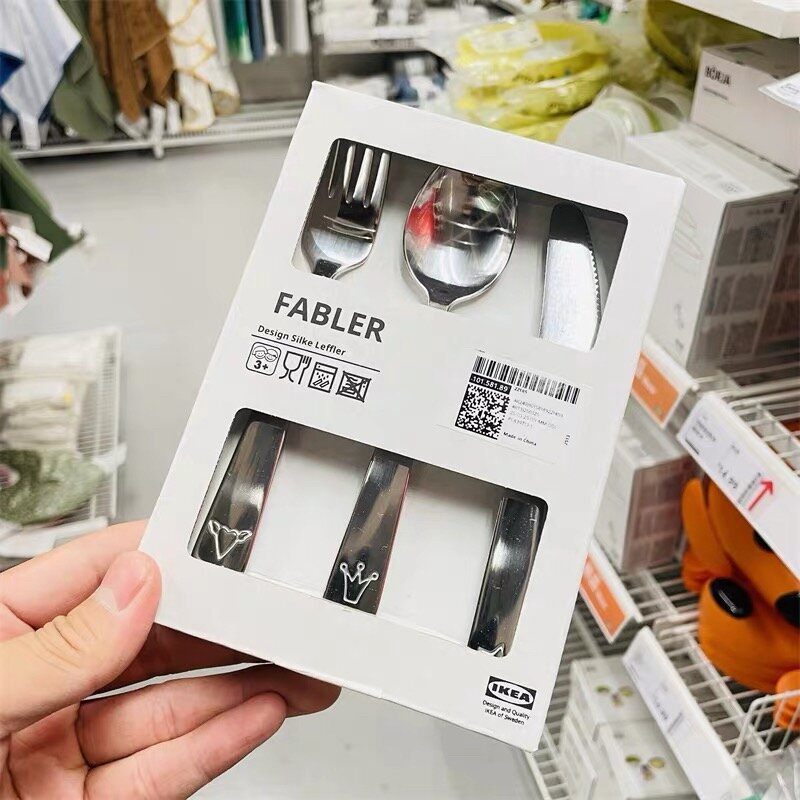 Детский столовый набор IKEA FABLER, 3 предмета (ложка, вилка, нож), из нержавеющей стали, с дорожным чехлом (Цвет товара: fabler; Длина: 20 см)