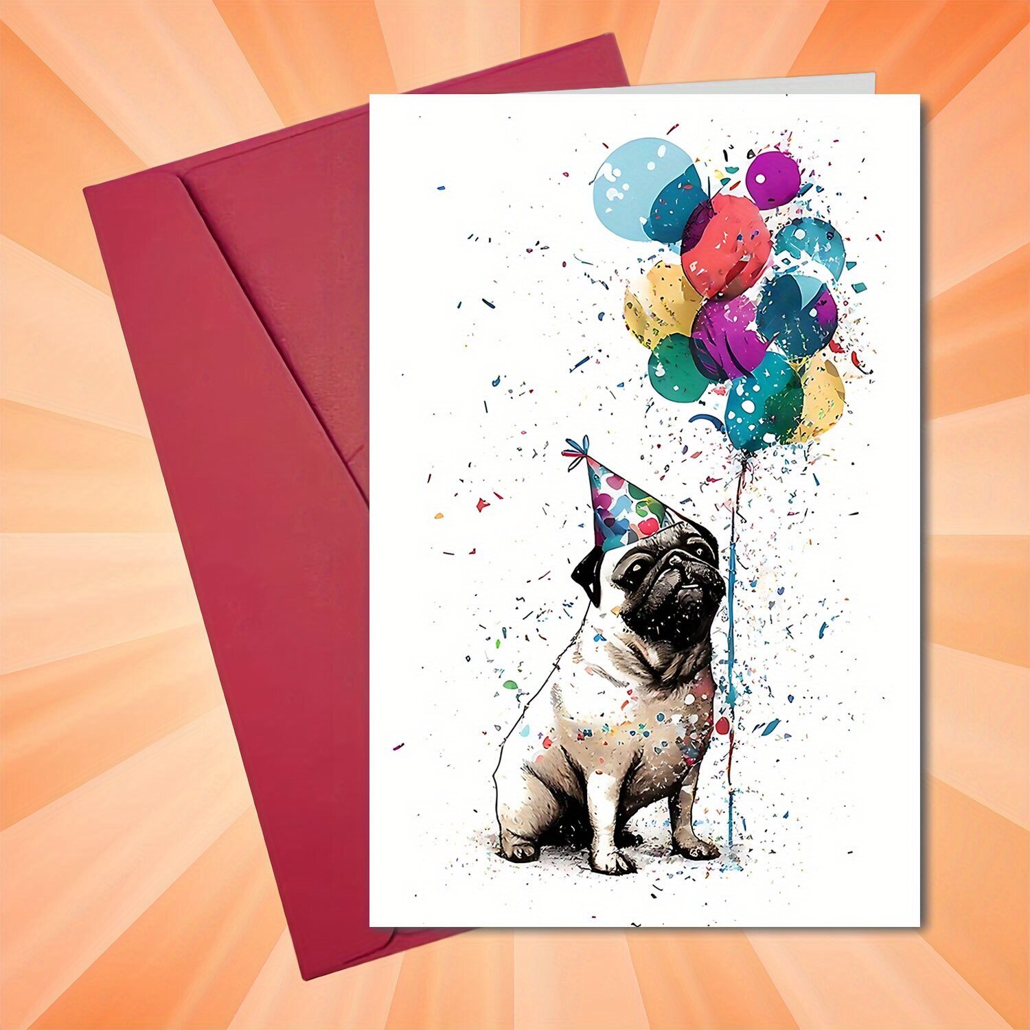 Открытка на день рождения "Pug Naughty Party" с конвертом, 1 шт.