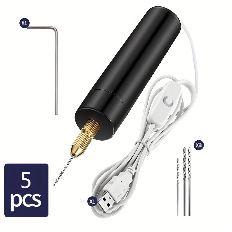 Набор мини-электрических ручных дрелей на USB, черный, 5 шт, с двумя сверлами 1.0 и 1.2 мм для ювелирных работ и DIY