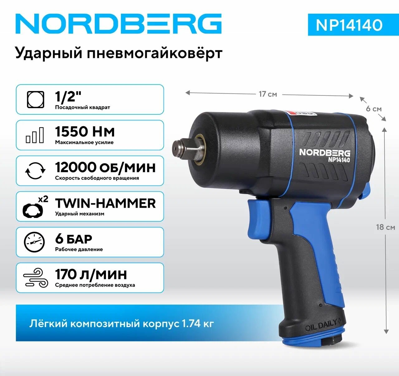 NORDBERG NP14140 Пневмогайковерт ударный 1/2", 1550 Нм
