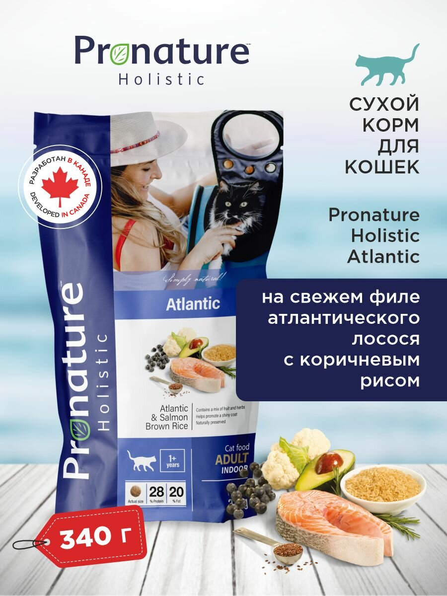 Корм для кошек сухой Pronature Holistic Atlantic для кожи и шерсти на лососе с рисом, 340г