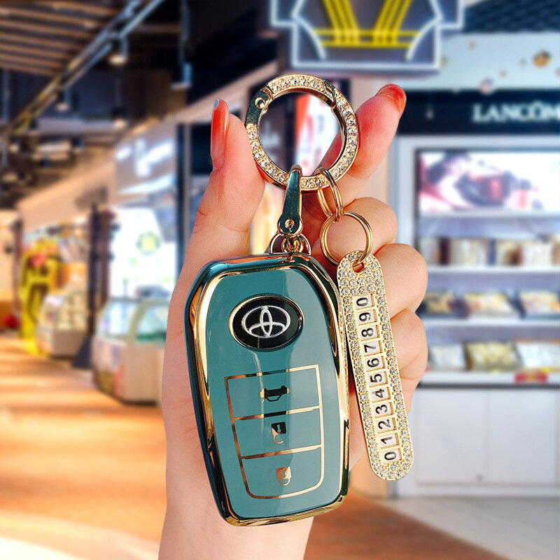 Кейс для ключа-брелка Toyota Classic 3-кнопочный светло-серый с золотым стразом и золотым номером