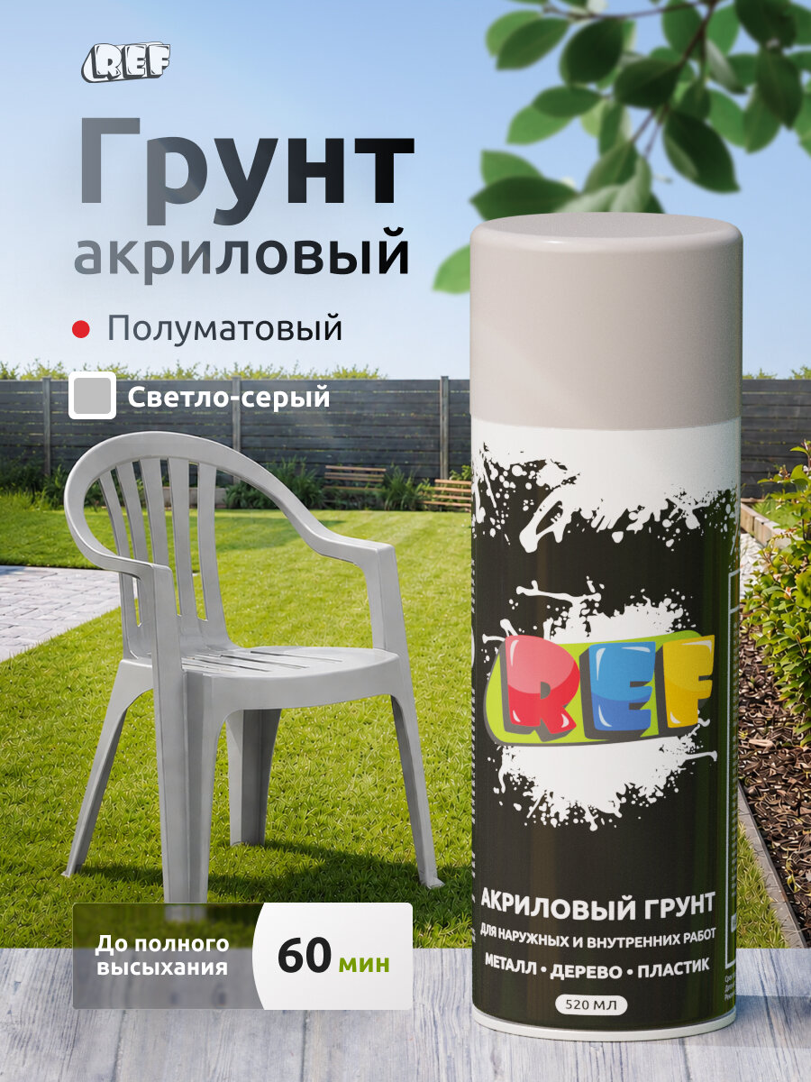 Грунтовка универсальная акриловая 1К серая 520 мл аэрозоль, автомобильная, грунт акриловый REF в баллончике