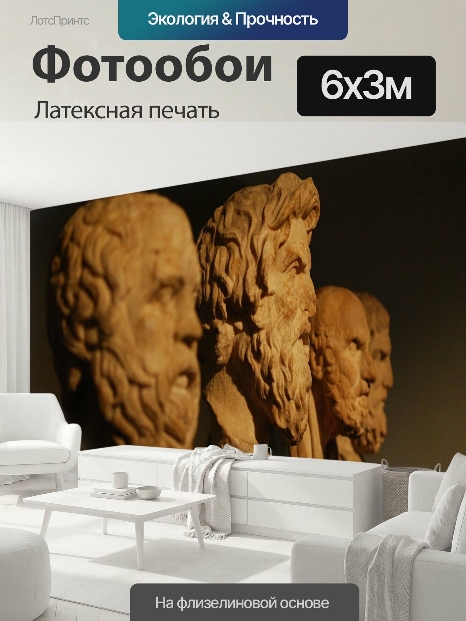 Фотообои моющиеся ударопрочные "Бюсты, философия, аристотель" 600x300 см. латексная печать