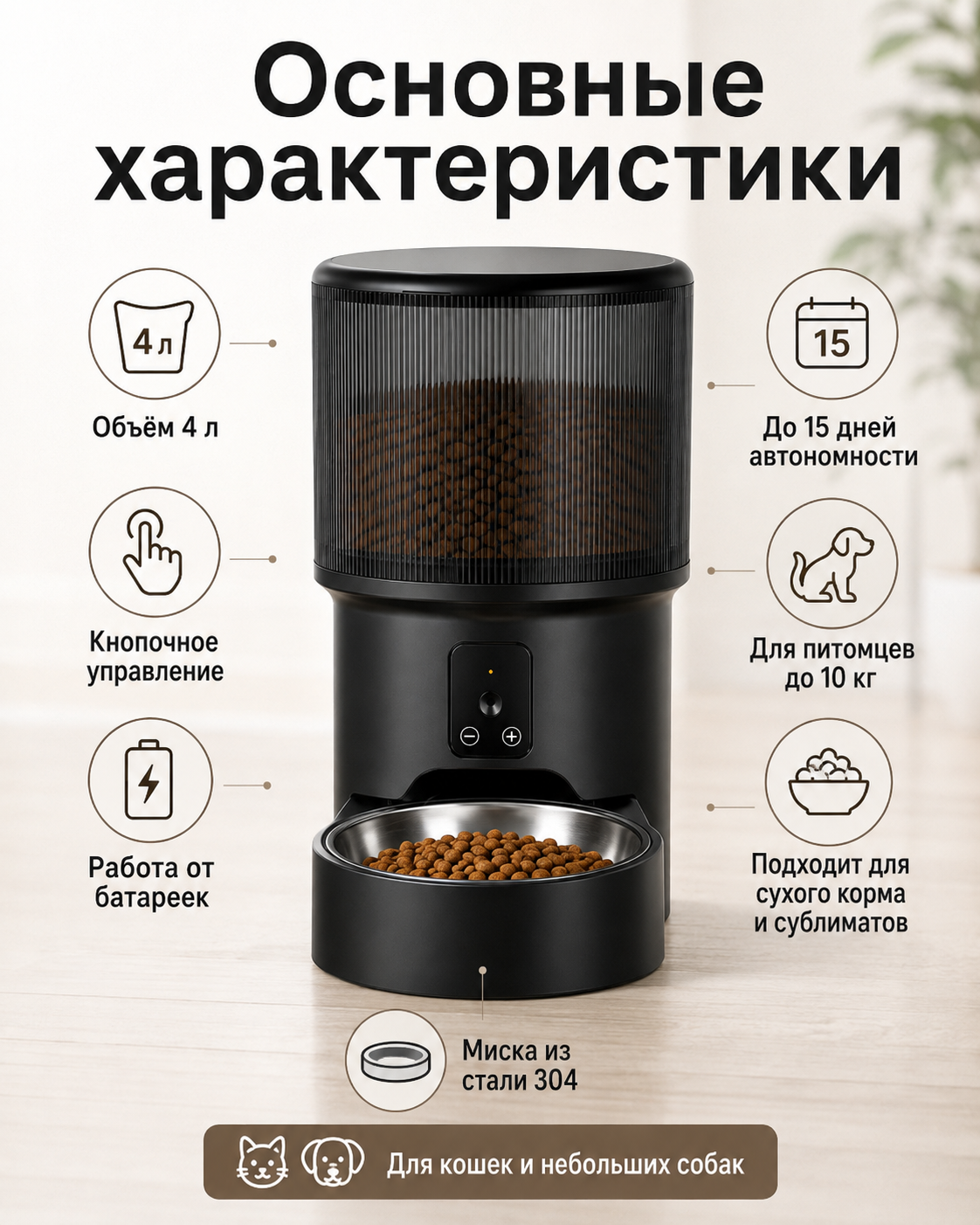 Автокормушка для кошек и собак 4 л, по расписанию, кнопочное управление, на батарейках, миска из нержавеющей стали 304