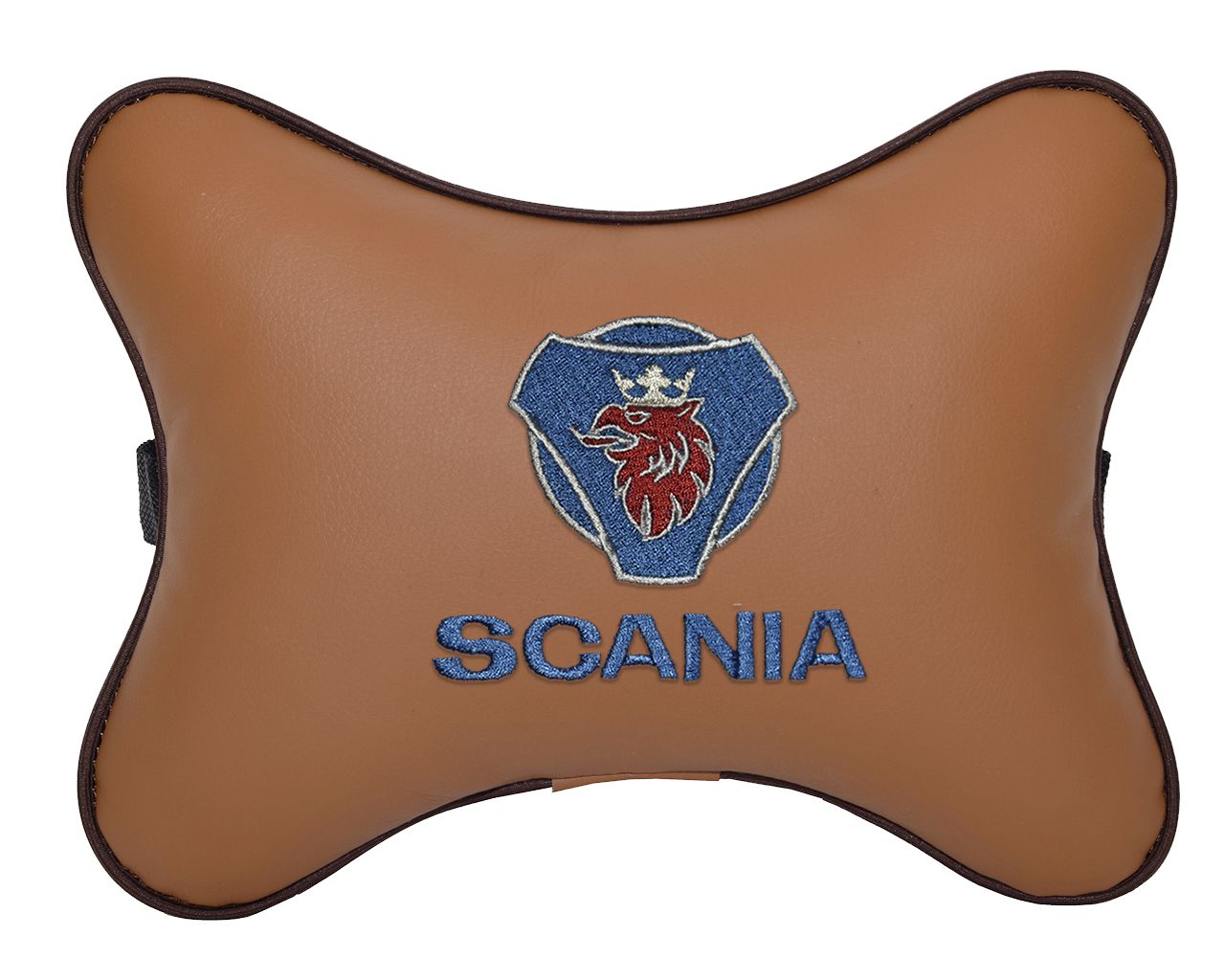 Подушка на подголовник автомобильная рыжая экокожа SCANIA