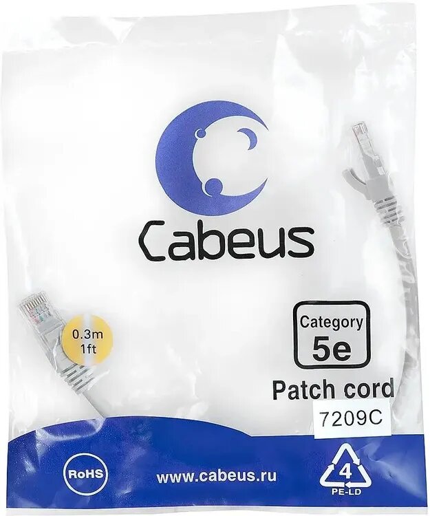 Патч-корд CABEUS вилка RJ-45, вилка RJ-45, кат.5E, ПВХ, 0.3м, серый