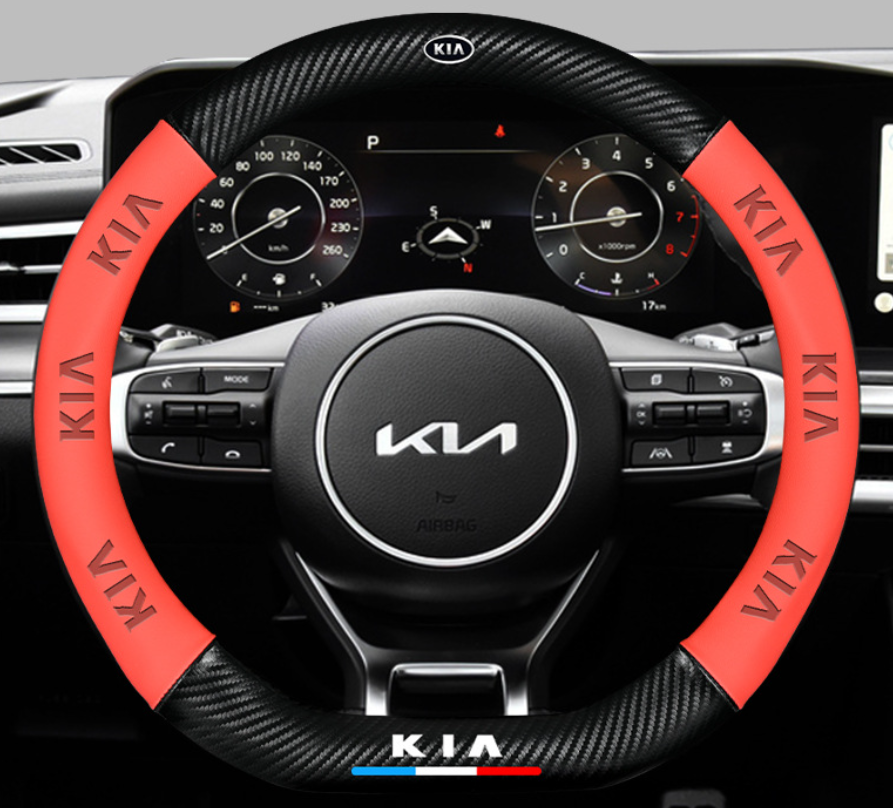 Чехол на руль автомобиля карбон Наппа для KIA K2 K4 Sportage KX5 KX3 Sorento Forte красный / Круглый