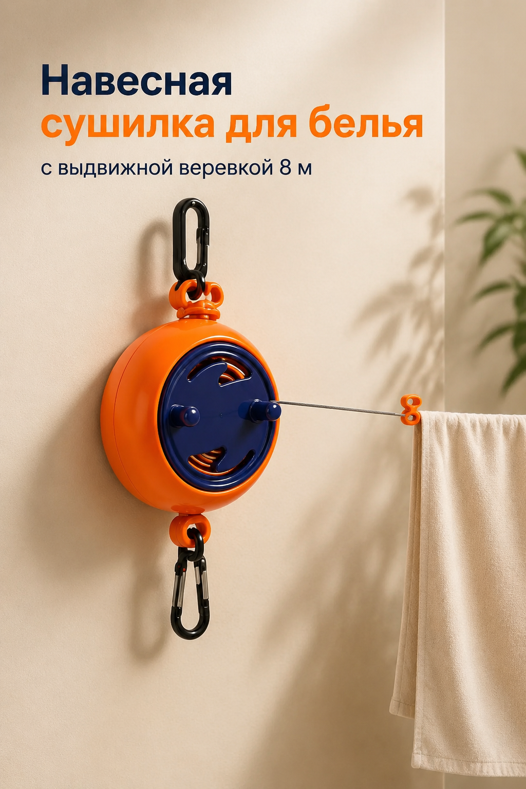Навесная сушилка для белья с выдвижной веревкой 8 м, оранжевая