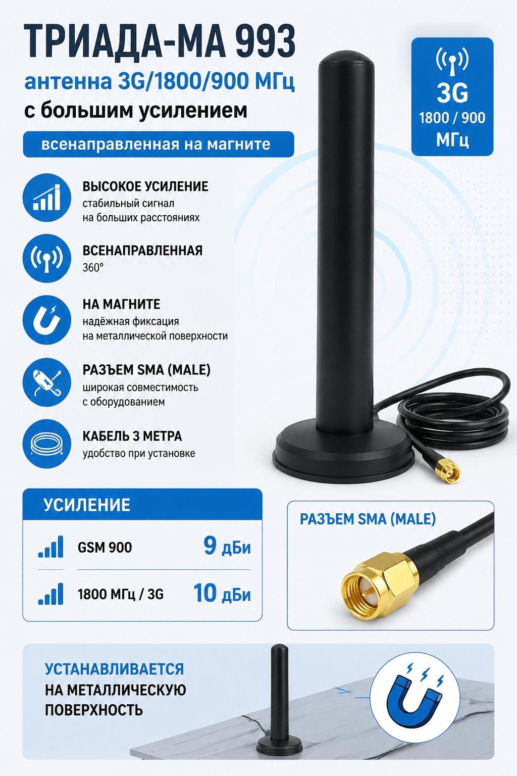 Триада-МА 993 антенна 3G 1800, усилитель сигнала мобильной связи и интернета для дома и офиса, репитер сети, GSM 900