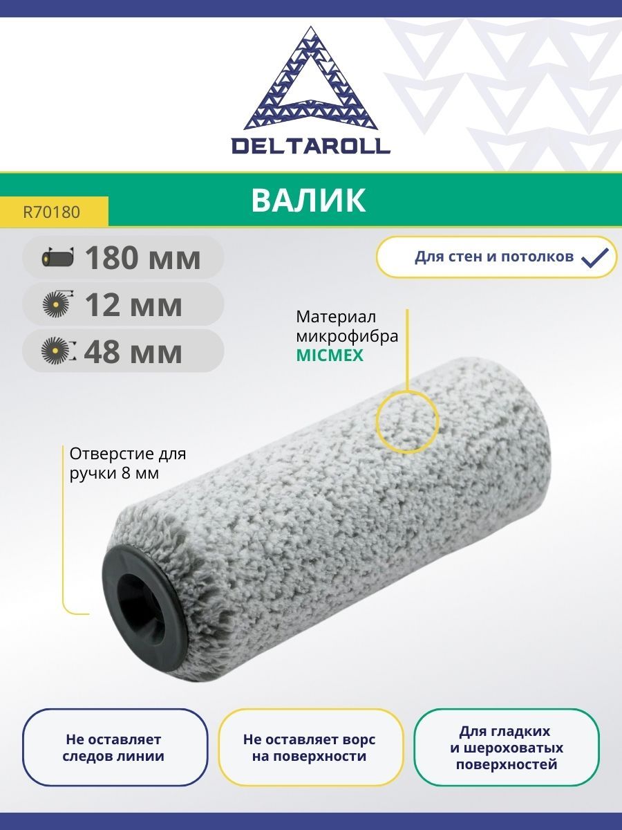 Валик малярный для краски из микрофибры Micmex 180х48 мм, ворс 12 мм Deltaroll
