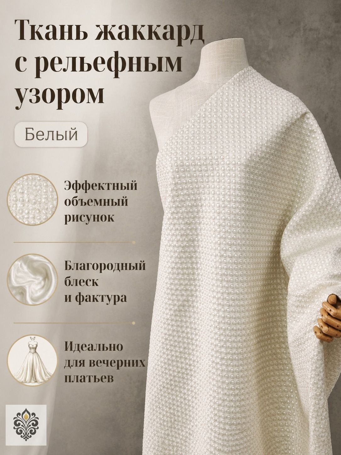 Ткань жаккардовая с рельефным узором в горошек, 140 см ширина, 277 г/м , белая