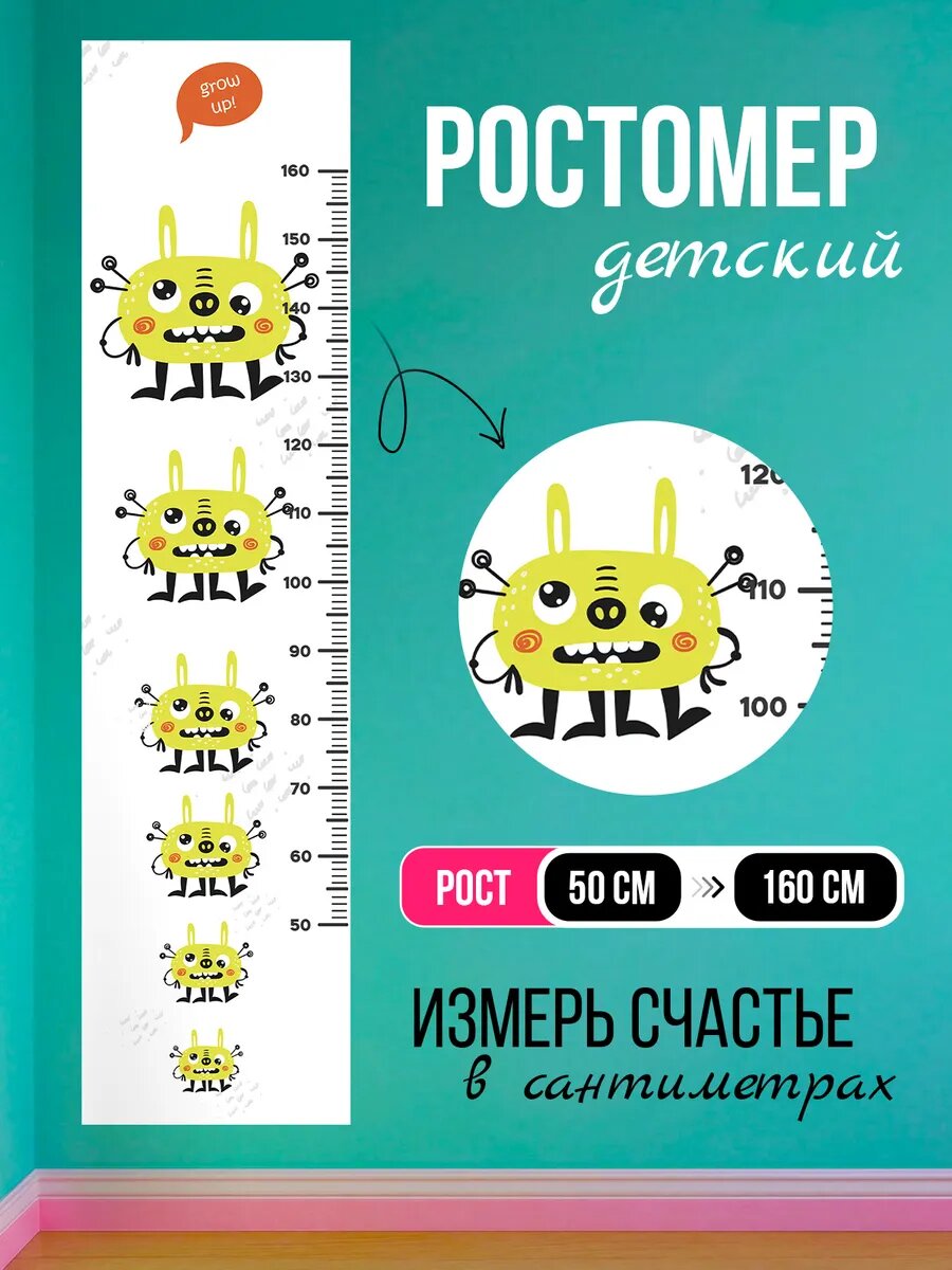 Детская наклейка ростомер на стену Монстрики 40х160 см