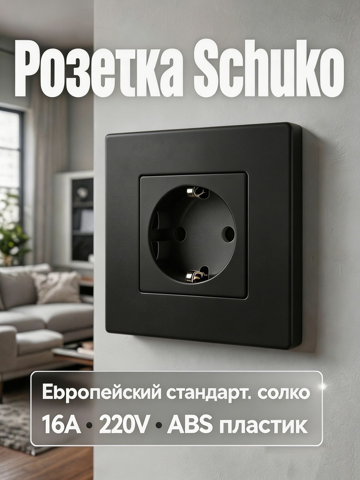 Розетка одинарная черная с заземлением, защитными шторками и рамкой