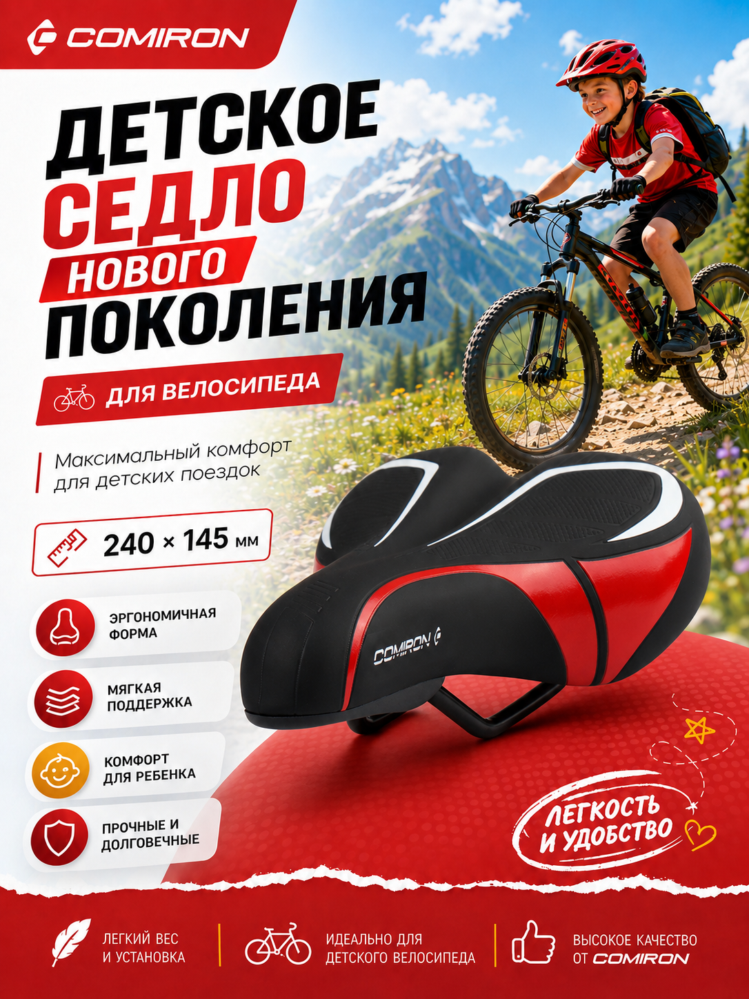 Седло велосипедное детское COMIRON KARKUSHA 240x145, Технологии: SF, DW, ED Верх: PU Цвет: черный-красный