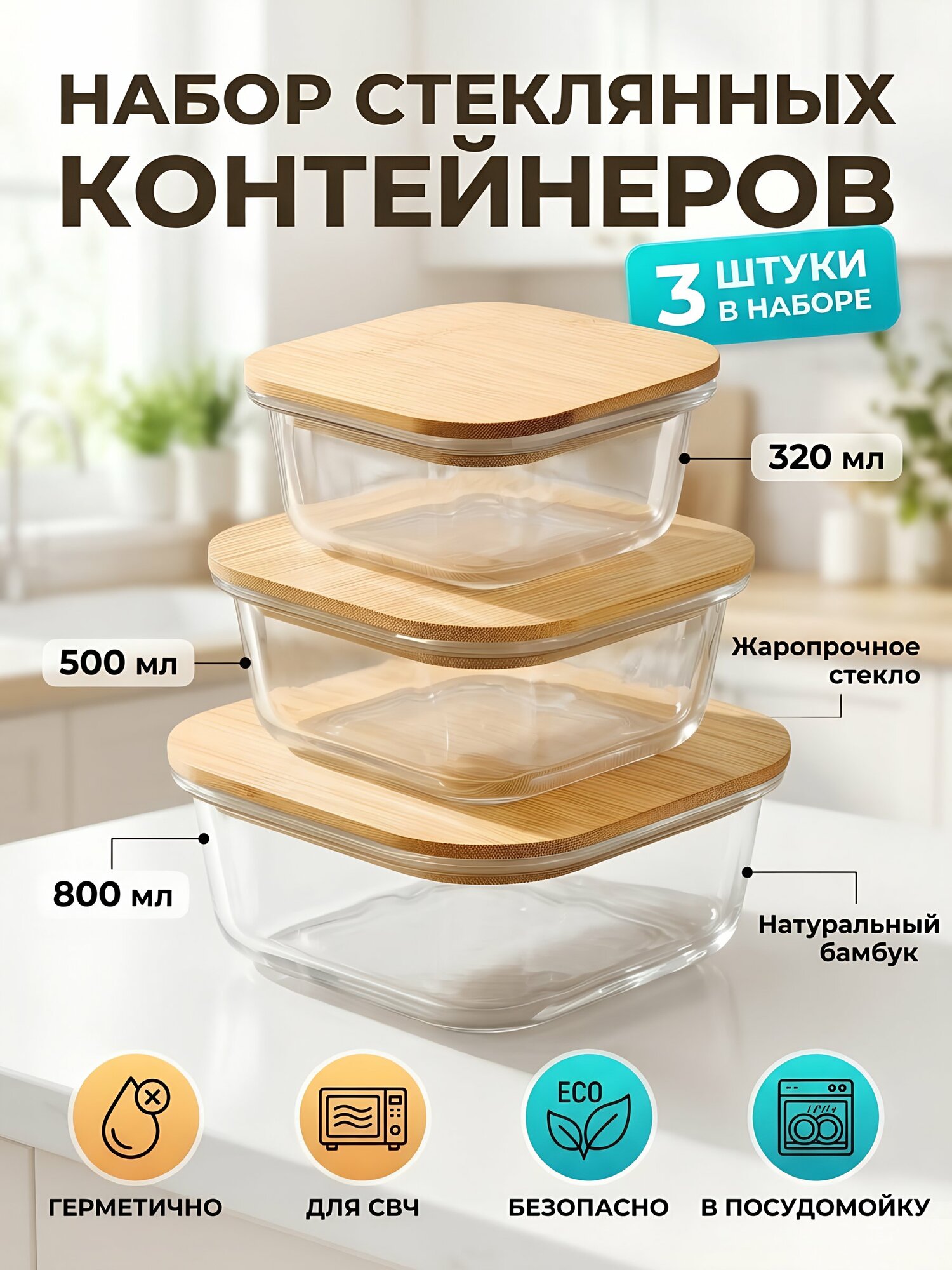 Набор стеклянных контейнеров 0.32, 0.5, 0.8 л, 3 шт, квадратный, с бамбуковой крышкой Y4-13510