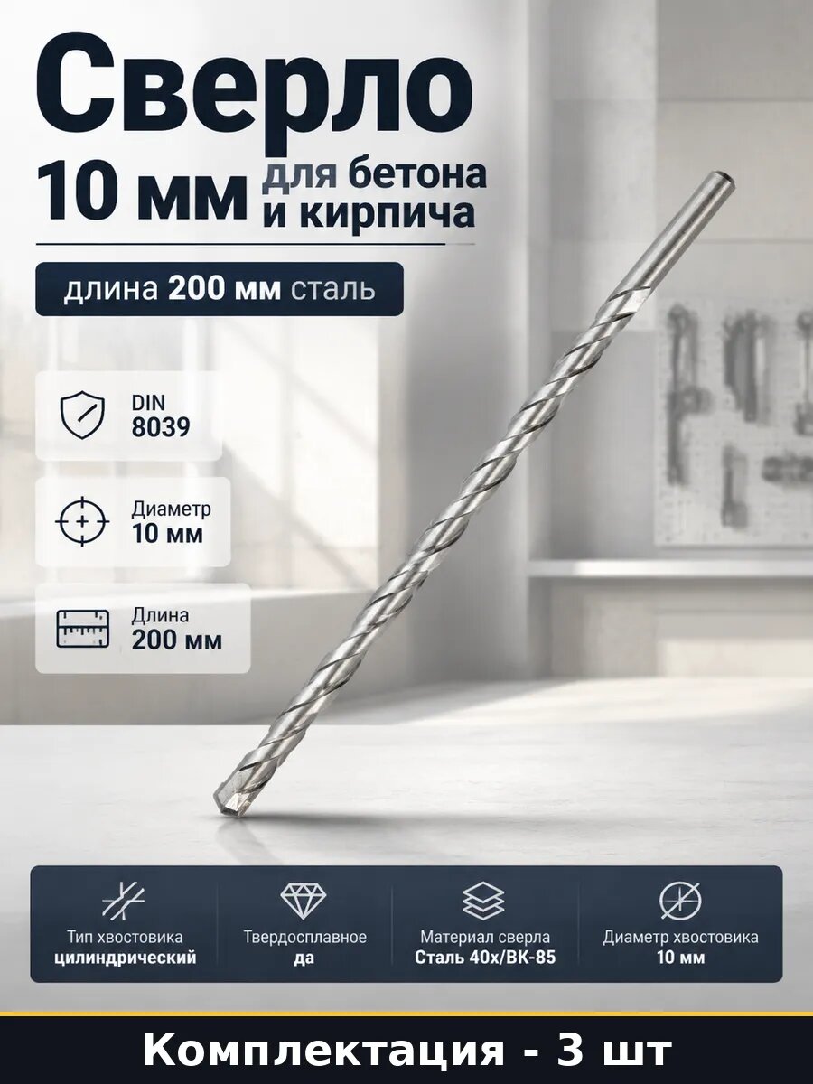 Сверло по бетону и кирпичу 10x200 мм, длинное спиральное, твердосплавное ВК-85, сталь 40х, цилиндрический хвост, 3 шт