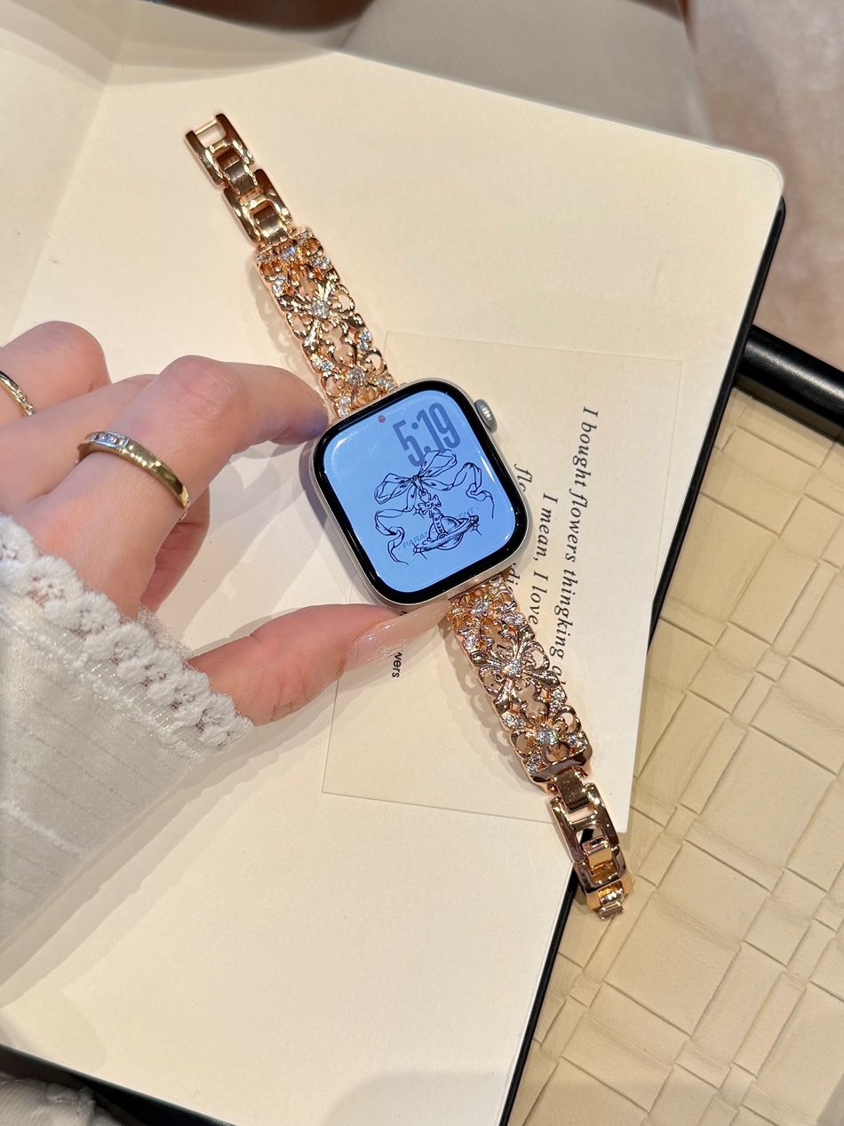 Роскошный цветочный ремешок со сверкающими стразами для Apple Watch 38/40/41/42/44/45/46/49 мм, элегантный металлический браслет для iWatch Series 1-11 SE Ultra