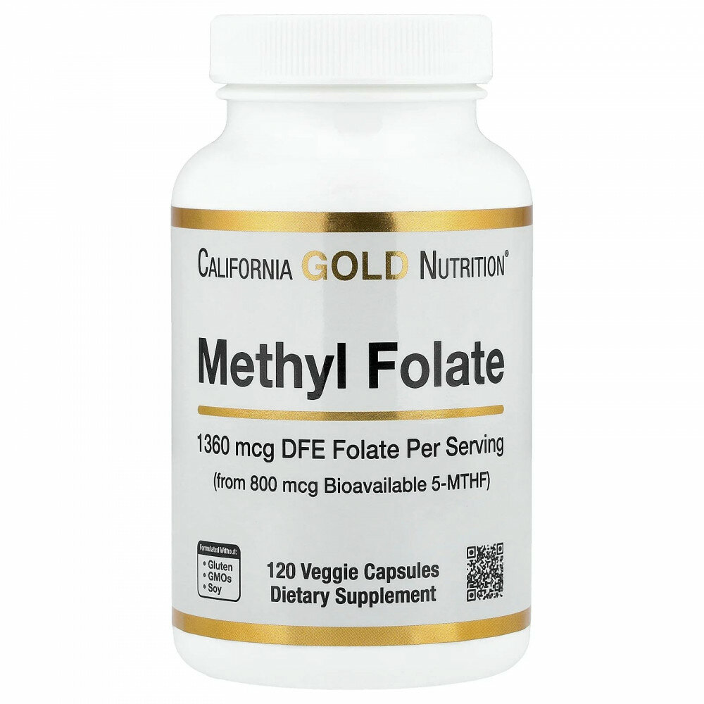 California Gold Nutrition Methyl Folate, метилфолат и витамин C, 120 растительных капсул из США