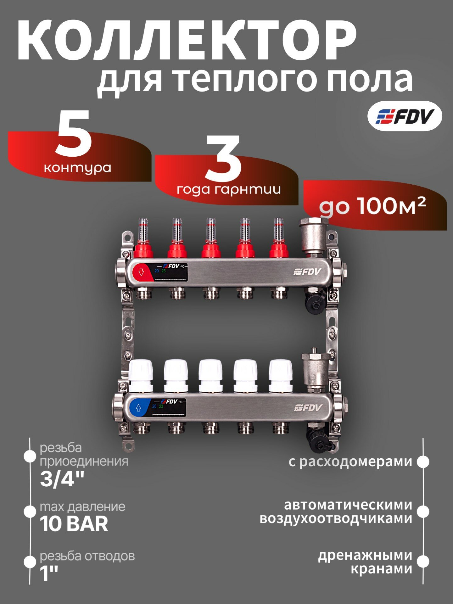 Коллектор для теплого пола 5 контуров FDV из нержавеющей стали с расходомерами, автоматическими воздухотводчиками и дренажными кранами серия S1103C
