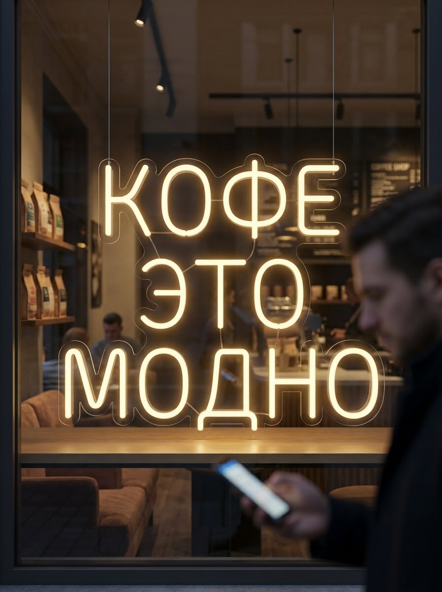 Неоновая вывеска "Кофе это модно" 44х45см, неоновая надпись, LED светильник для кофейни