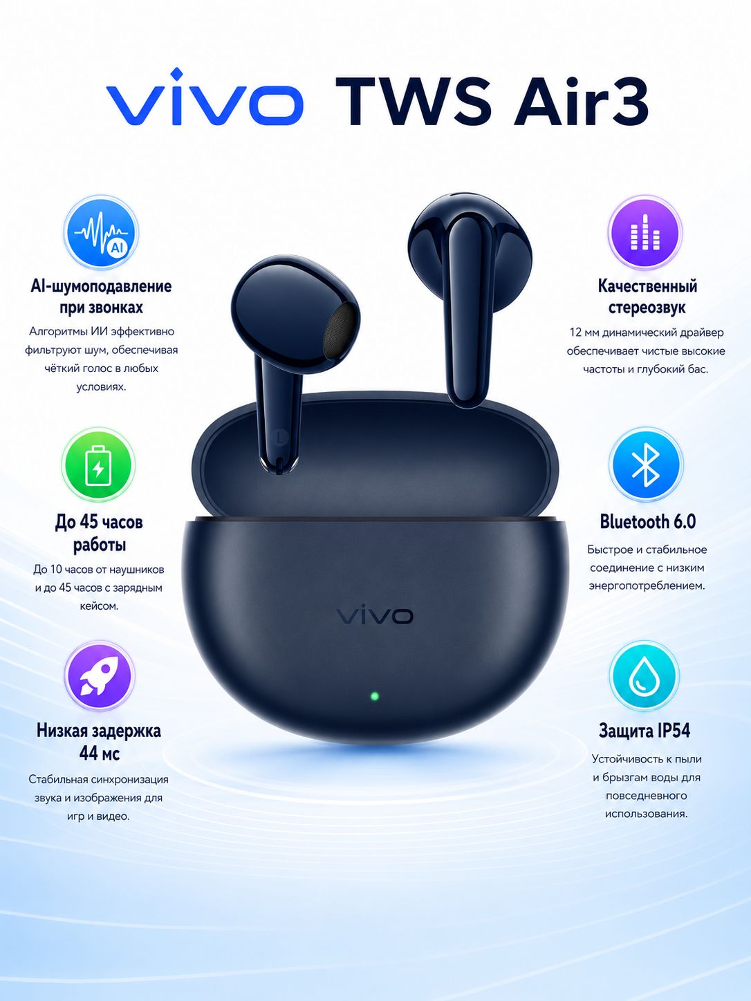 Vivo Наушники беспроводные с микрофоном Vivo TWS Air 3, Bluetooth, USB Type-C, черный