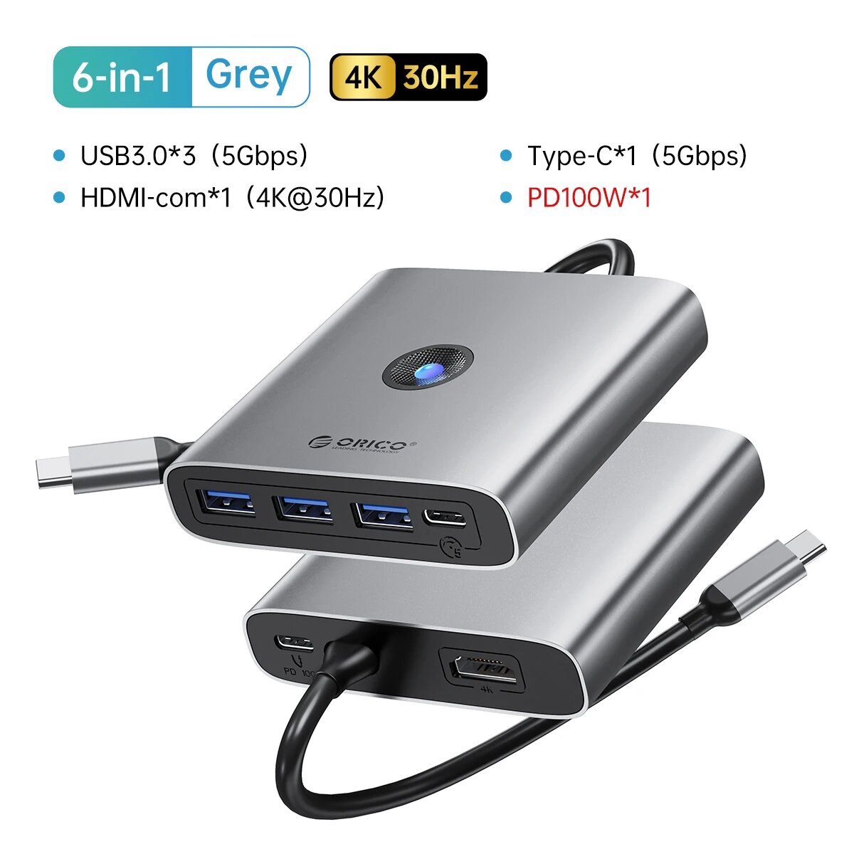 ORICO 6-в-1 док-станция USB 3.0, 4K 30Hz, PD100W