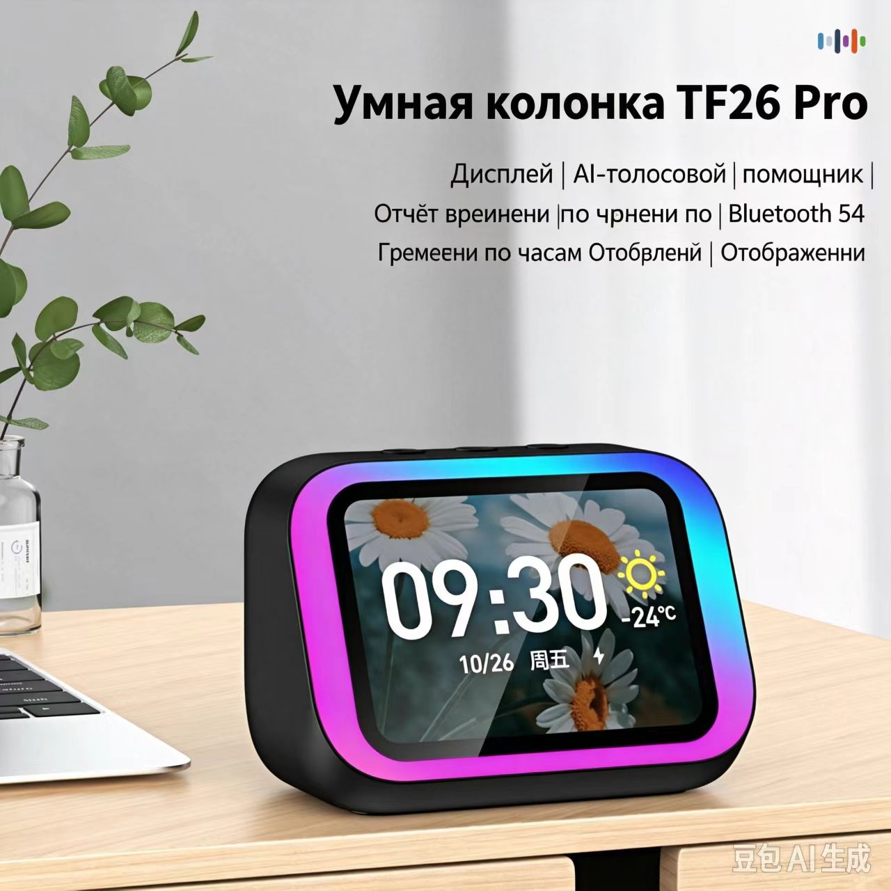 Умная колонка с AI-ассистентом с экраном, Bluetooth 5.4,5W динамик, 18 языков, черный