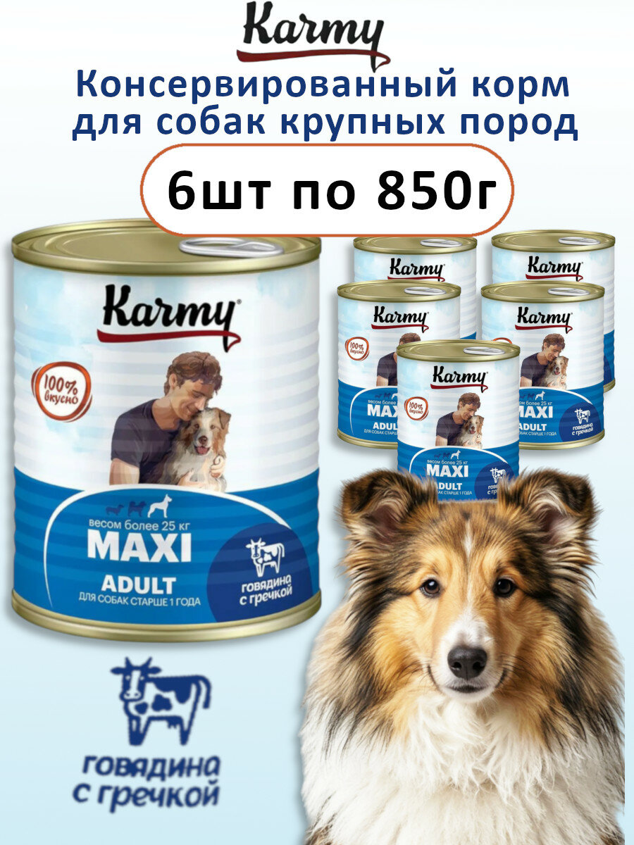 Корм консервированный карми для собак круп пород, Говядина и гречка 6х850гр