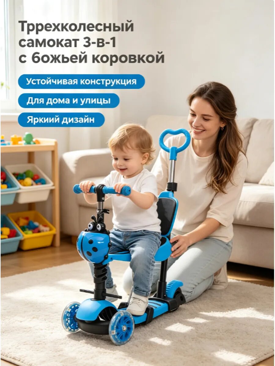 Трехколесный самокат 3-в-1 с божьей коровкой