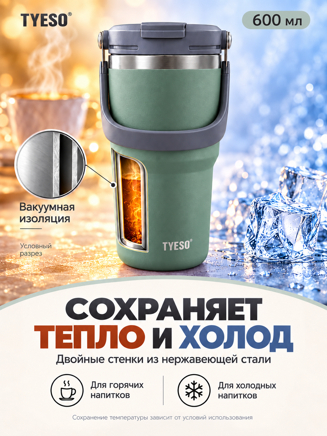 Термокружка TYESO 600 мл из нержавеющей стали, с трубочкой, поильником и ручкой, зелёная