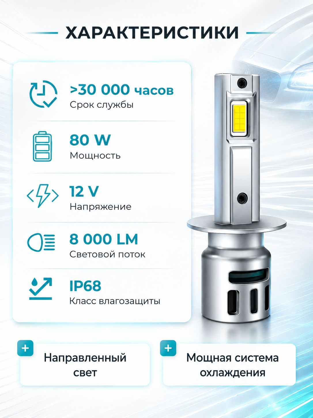 Светодиодные лампы H1 LED для авто, автолампы в фары 12В 80Вт 8000Лм CANBUS, 2 шт