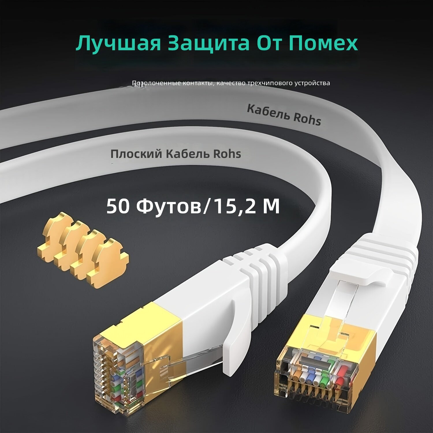 Сетевой кабель Cat 7, длина 15,2 м (50 футов), экранированный плоский патч-корд LAN с разъемами RJ45, для модемов и коммутаторов