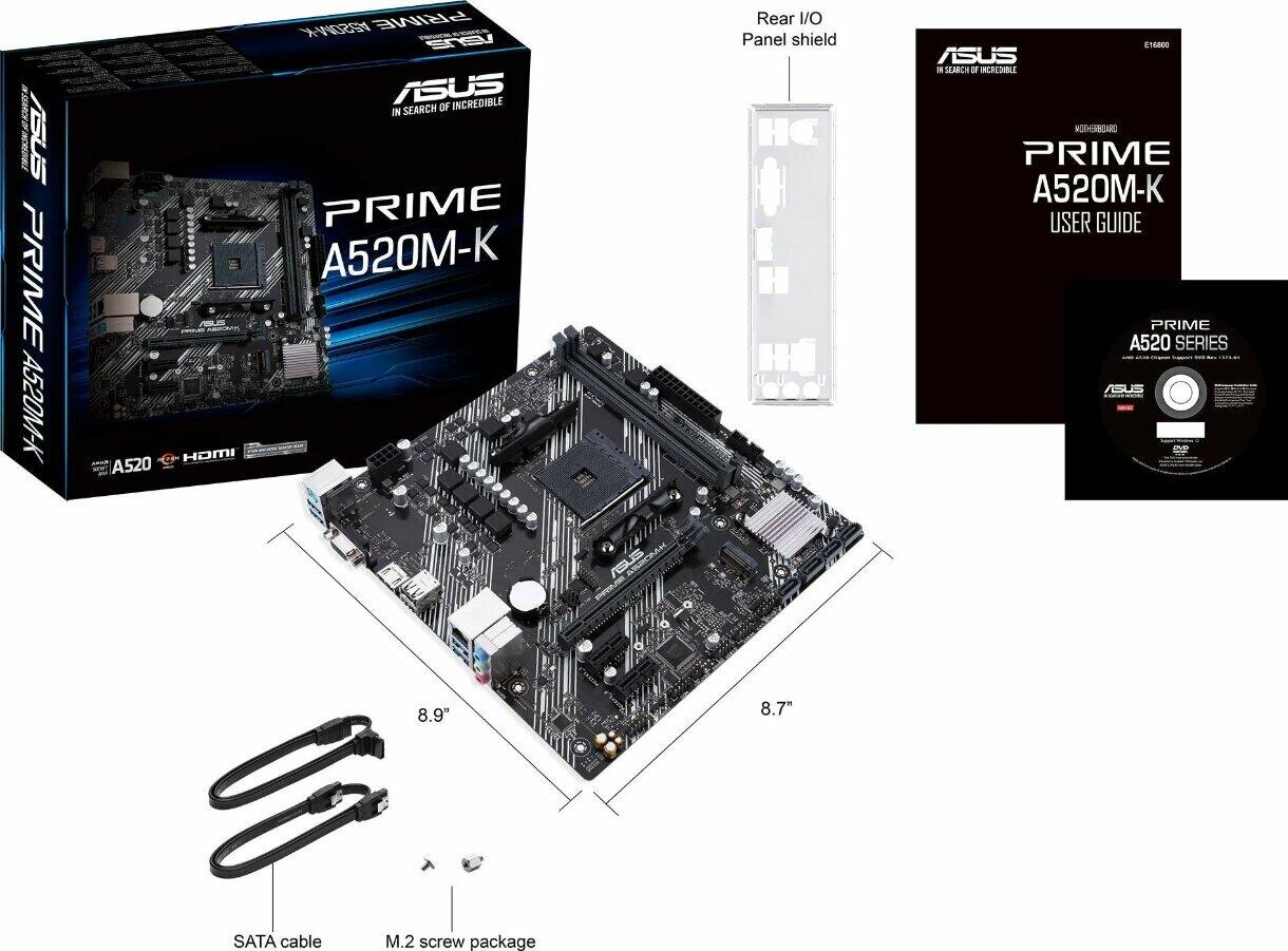 Материнская плата ASUS Prime A520M-K Micro-ATX, AM4, 2x DIMM DDR4, 8x USB