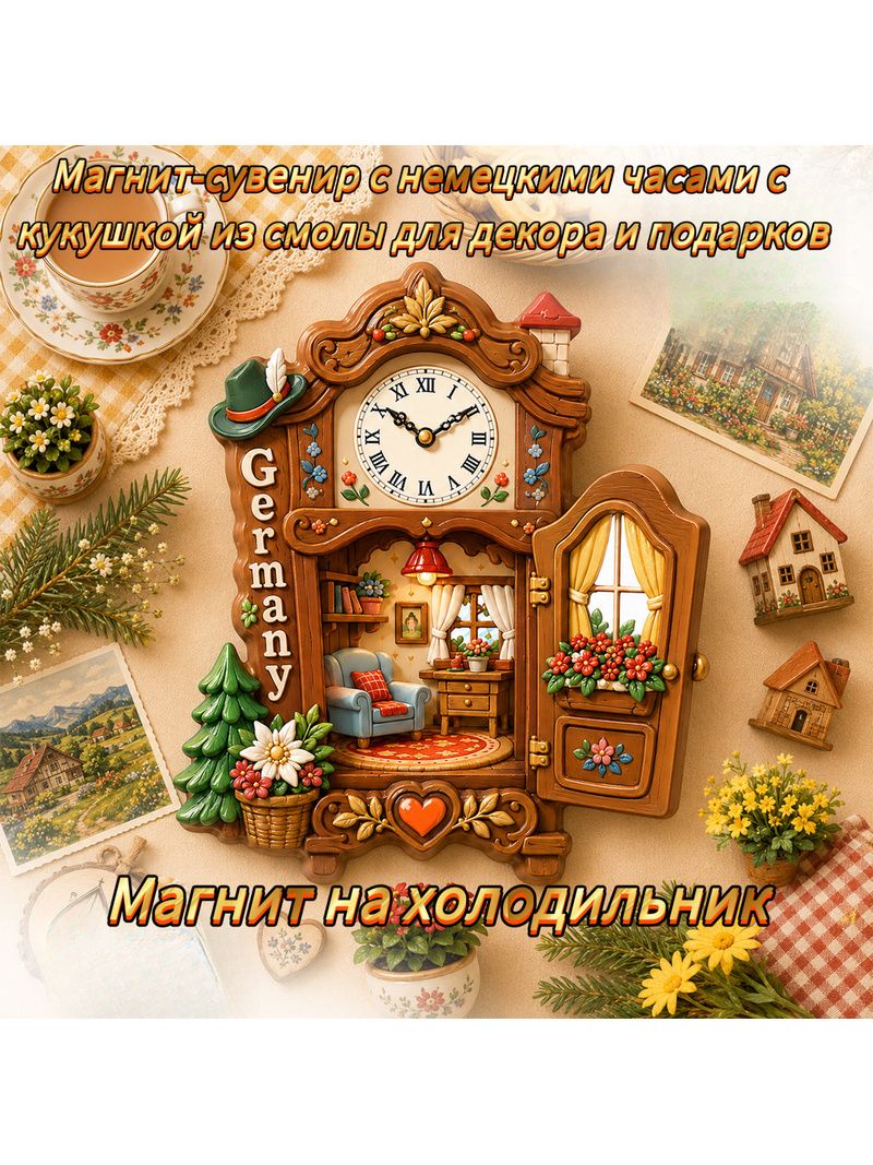 Магнит-сувенир с немецкими часами с кукушкой из смолы для декора и подарков