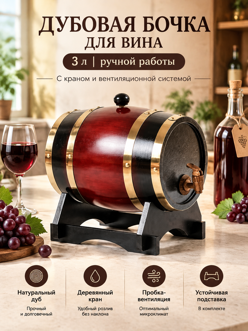 Дубовая бочка для вина 3 л (бочонок) ручной работы, с деревянным краном и подставкой