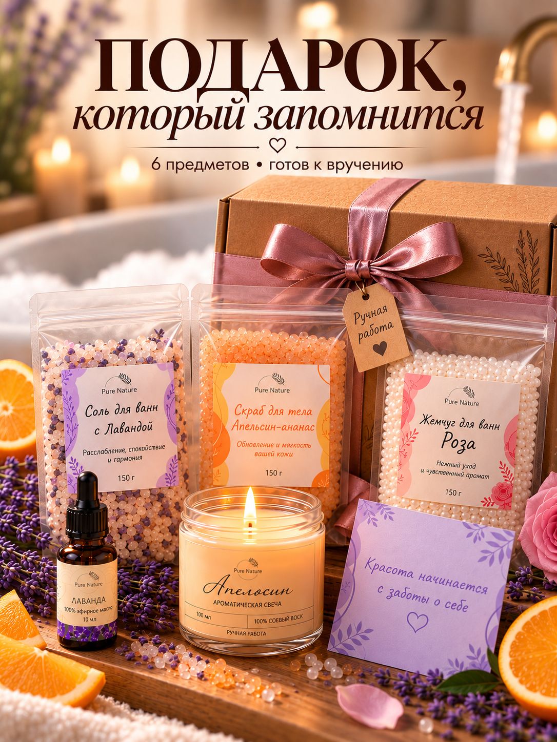 Подарочный набор косметики для ванны SPA, женский бьюти бокс цитрусовый, уход за телом