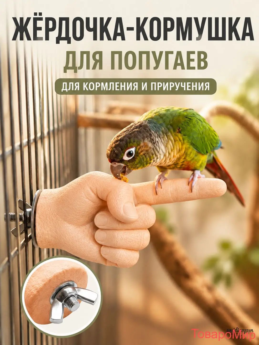 Жердочка для попугая, присада для птиц в клетку - тренировочная рука для приручения, когтеточка для стачивания клюва и когтей.
