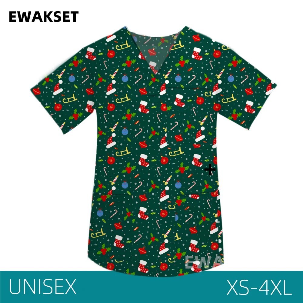 EWAKSET Медицинский топ с новогодним принтом, top