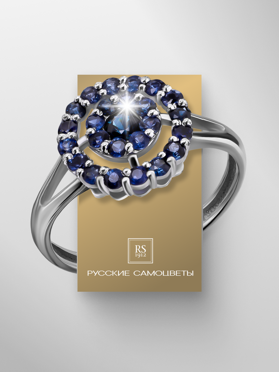 Перстень Русские Самоцветы, белое золото, 585 проба, родирование, сапфир