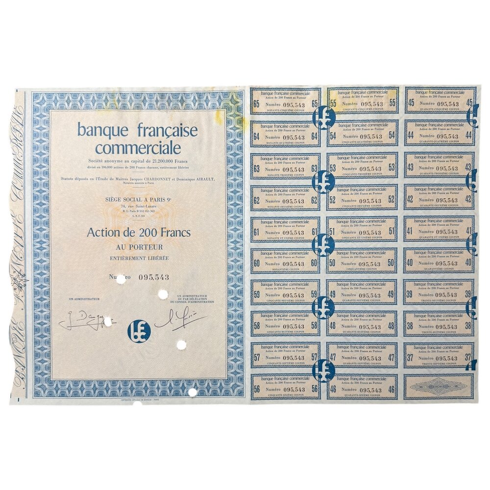Франция, Banque francaise commerciale, сертификат на 1 акцию 1950-1960 гг.