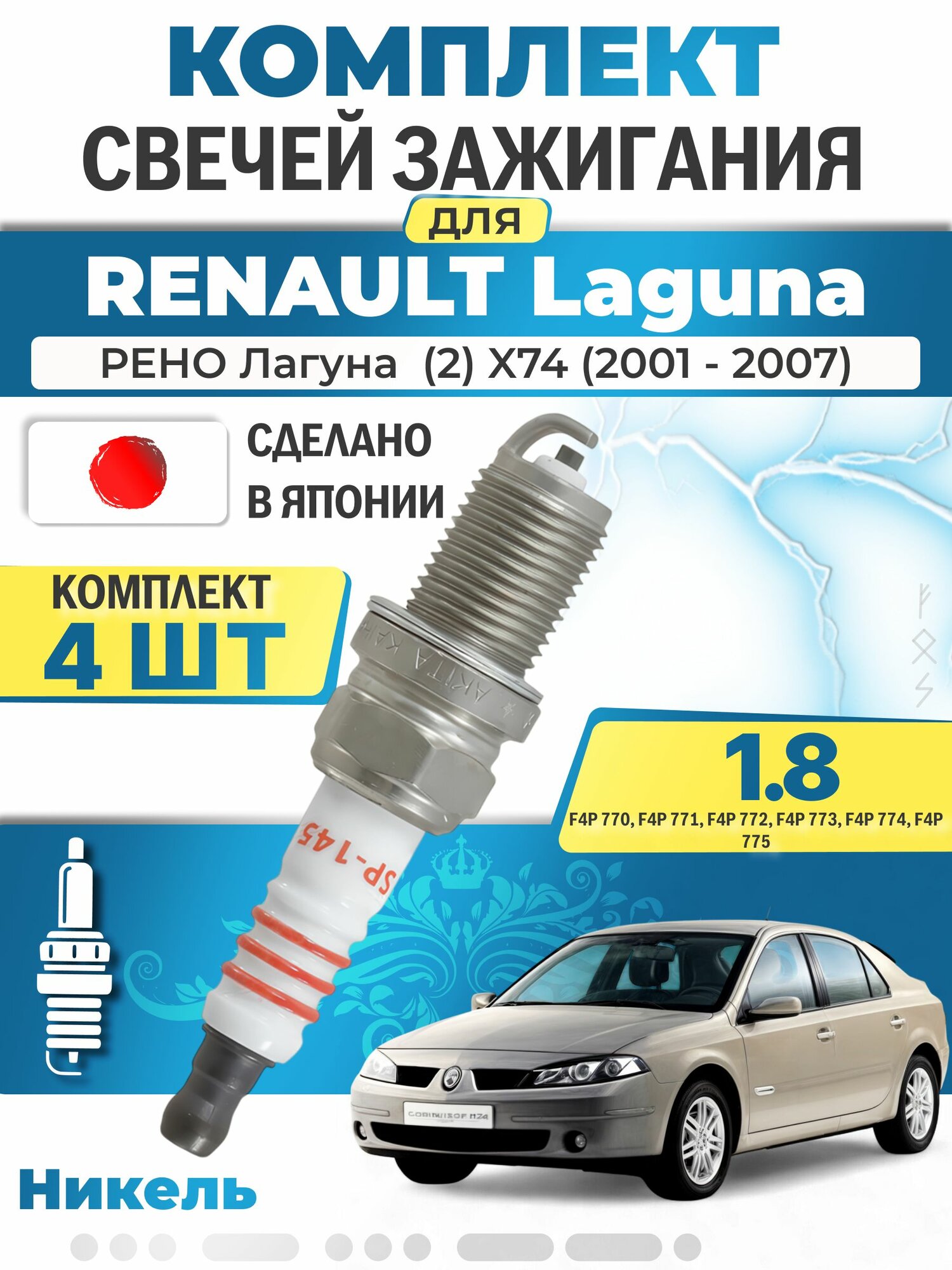 Свечи зажигания для Renault Laguna (2) X74 1.8, комплект 4 шт / 2001 2002 2003 2004 2005 2006 2007 / Двигатель F4P 770, F4P 771, F4P 772, F4P 773, F4P 774, F4P 775 1,8 л