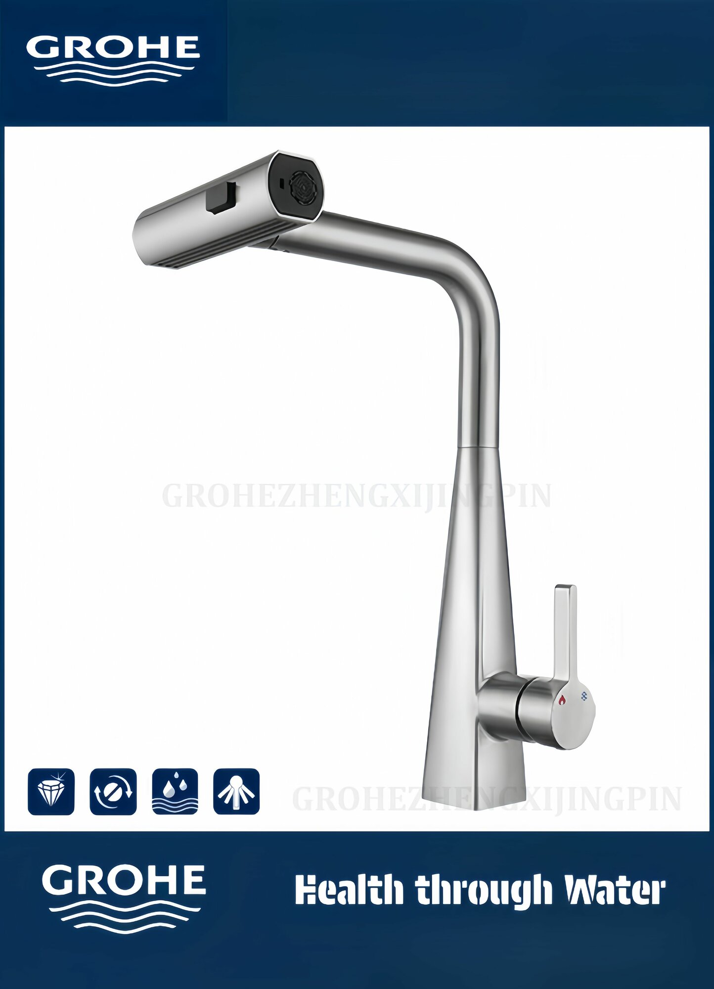 GROHE Смеситель кухонный многофункциональный из нержавеющей стали, с режимом дождевого потока, для мойки, антибрызговой, горячая и холодная вода для дома
