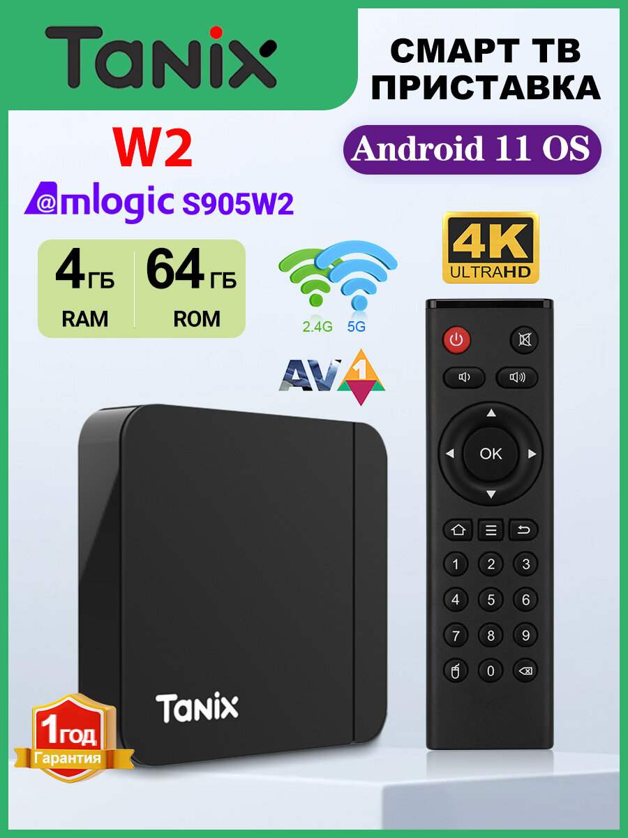 Смарт ТВ приставка Tanix W2 Amlogic S905W2 Андроид11.0 4Гб/ 64Гб Поддержка H.265 AV1 Двойной Wifi HDR 10