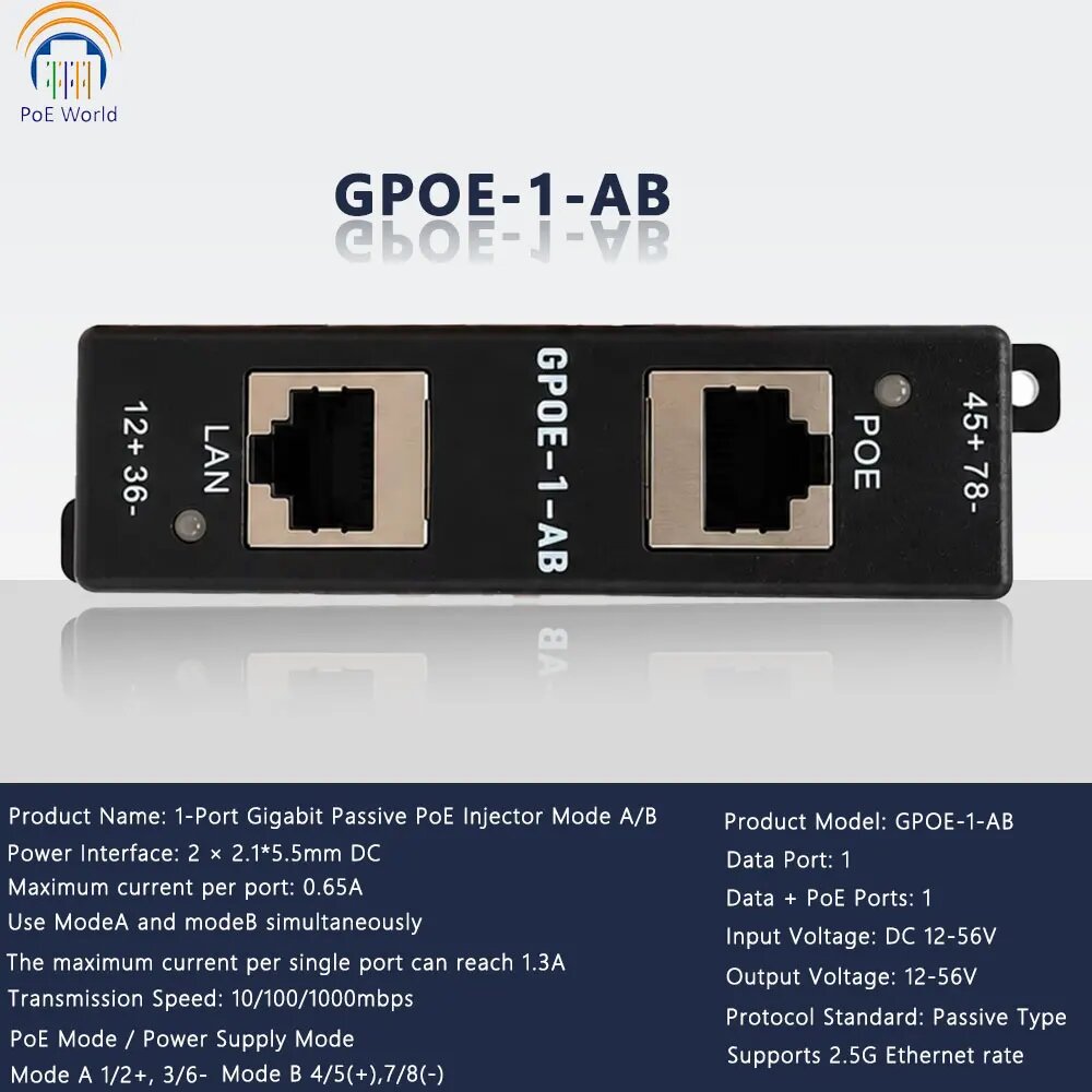 PoE World однопортовый гигабитный пассивный PoE инжектор