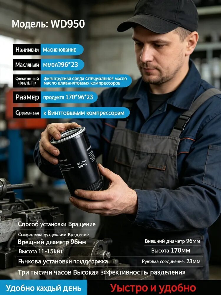 Масляный фильтр для винтовых компрессоров WD950 11-15 кВт, навинчиваемый, компактный