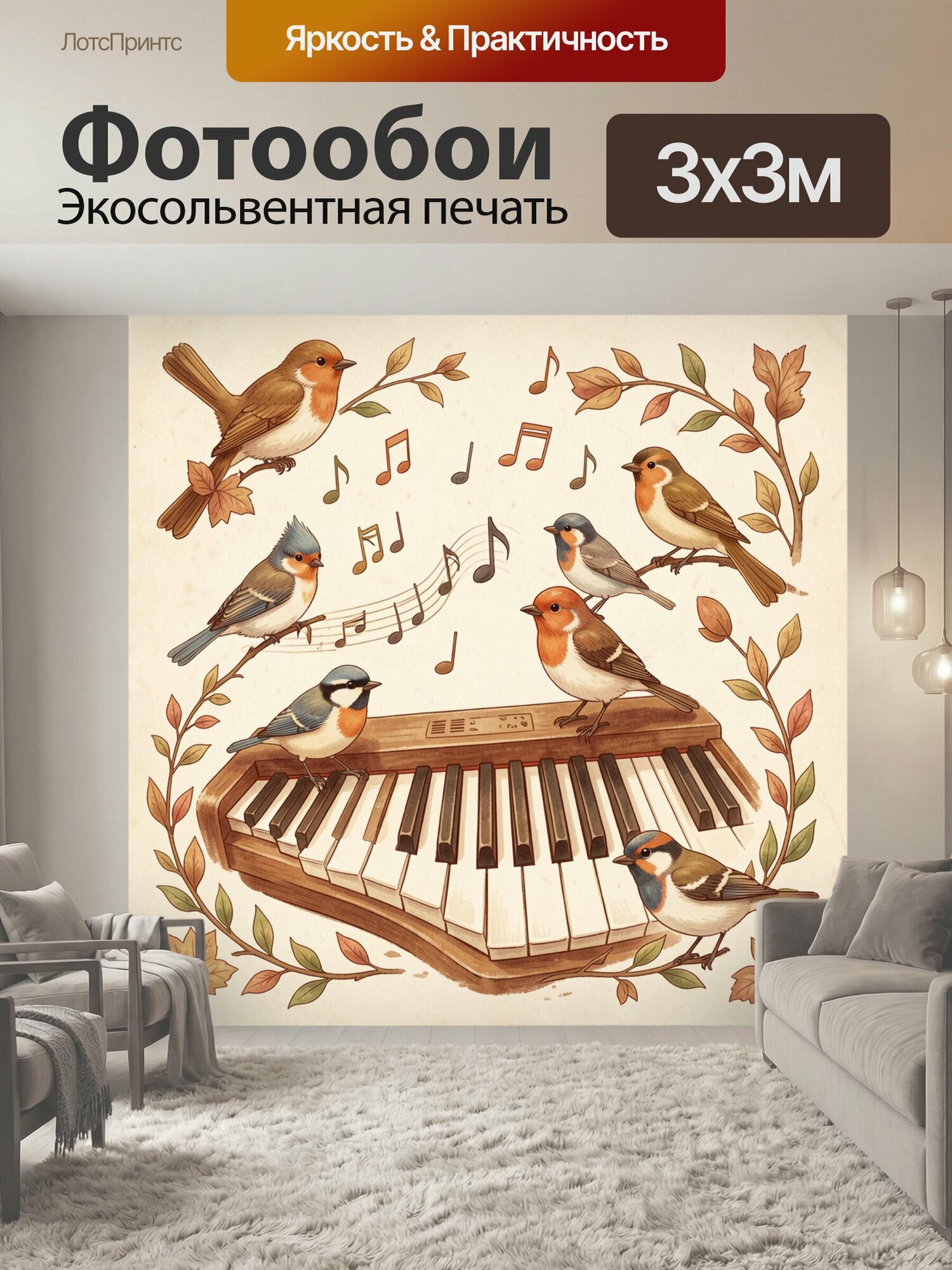 Фотообои "Птицы и клавиши осенней песни. Акварельный рисунок: разноцветные птички сидят на старом пианино, вокруг осенние листья и нотные." 300x300 см. экосольвентная печать