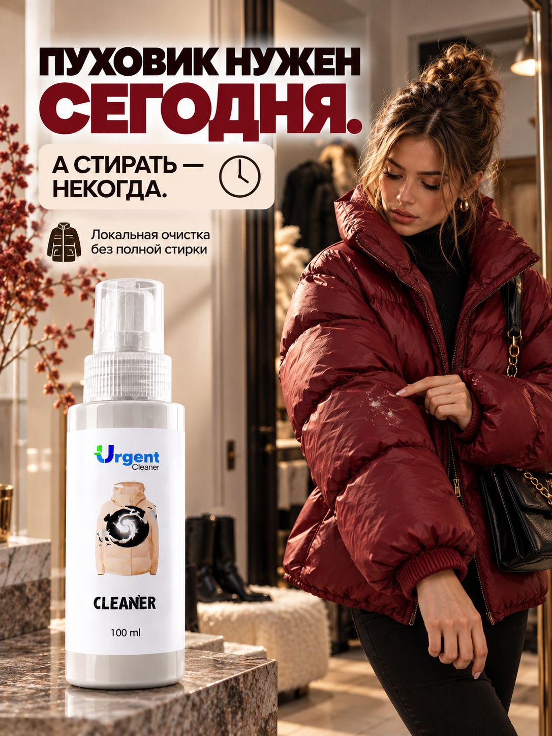 Очиститель для пуховиков и курток URGENT, пятновыводитель для одежды, спрей от пятен и грязи, без стирки, 100 мл