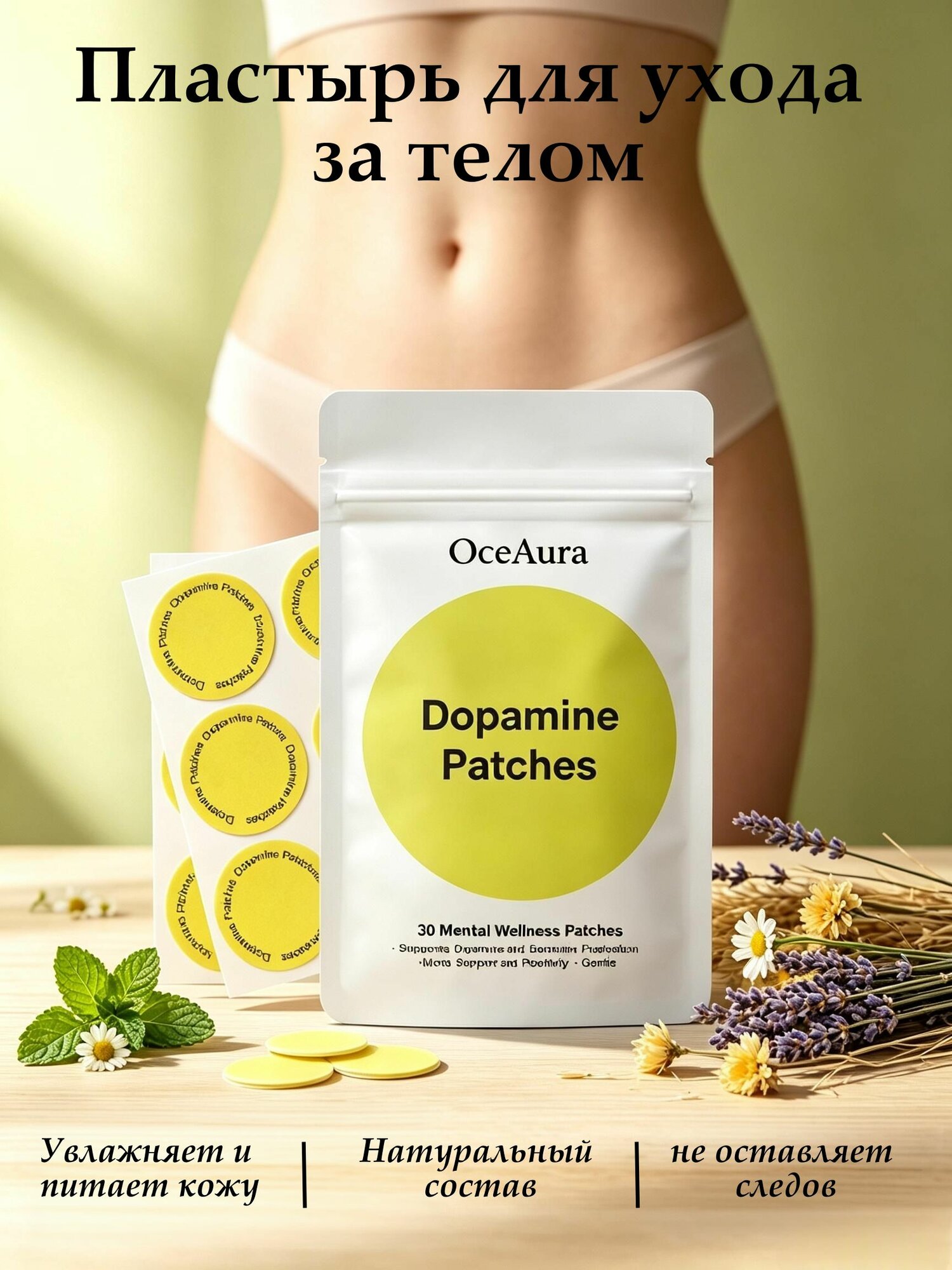 Пластырь для ухода за телом OceAura Dopamine Patches, 30 шт, увлажнение и питание кожи, повышение концентрации и энергии, натуральный состав