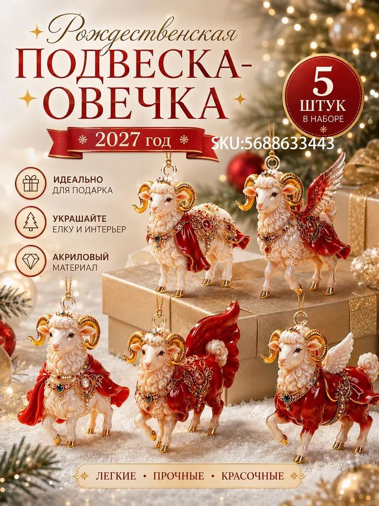 Елочные украшения 8 см коза, животные белый 5 шт